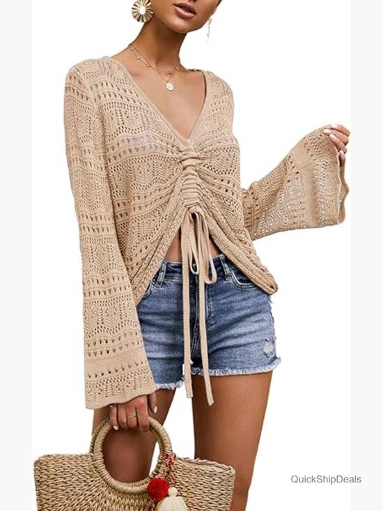 Swim | Crochet Knit Drawstring Cover Up Bell Sleeve Swimwear Beach ...
